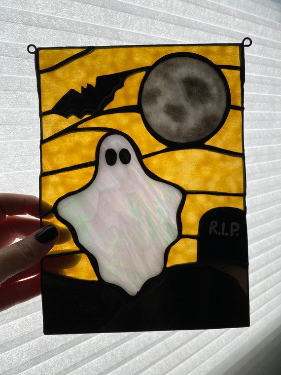 Ghost in Graveyard Stained Glass Panel - Etsy