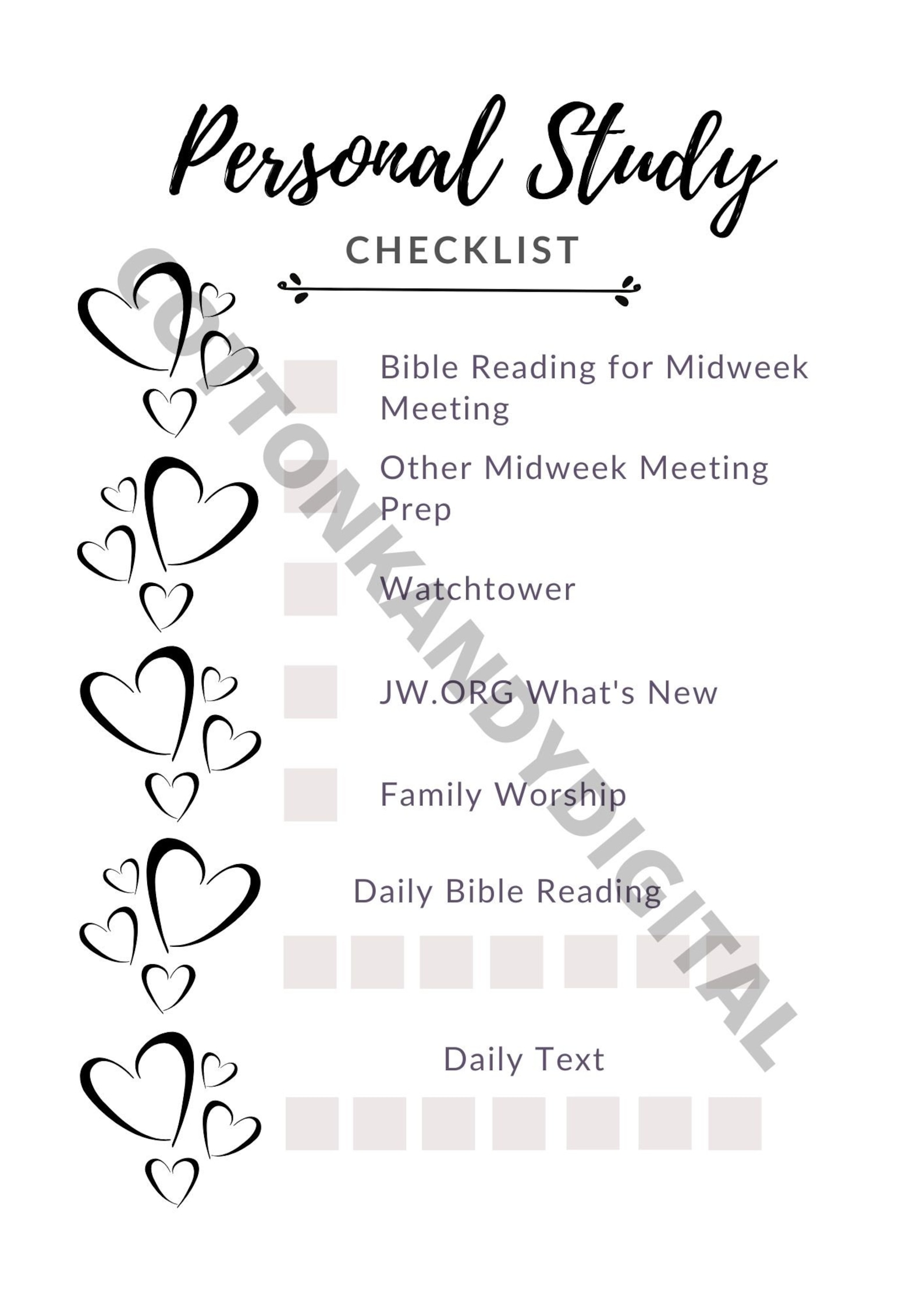 Personal Study Checklist. JW Personal Study Worksheet. PDF 11"x8.5 ...
