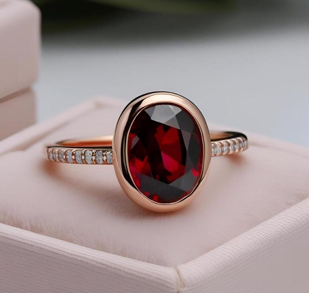 Oval Natural Red Garnet Engagement Ring 14K Rose Gold 925 Silver Ring ...