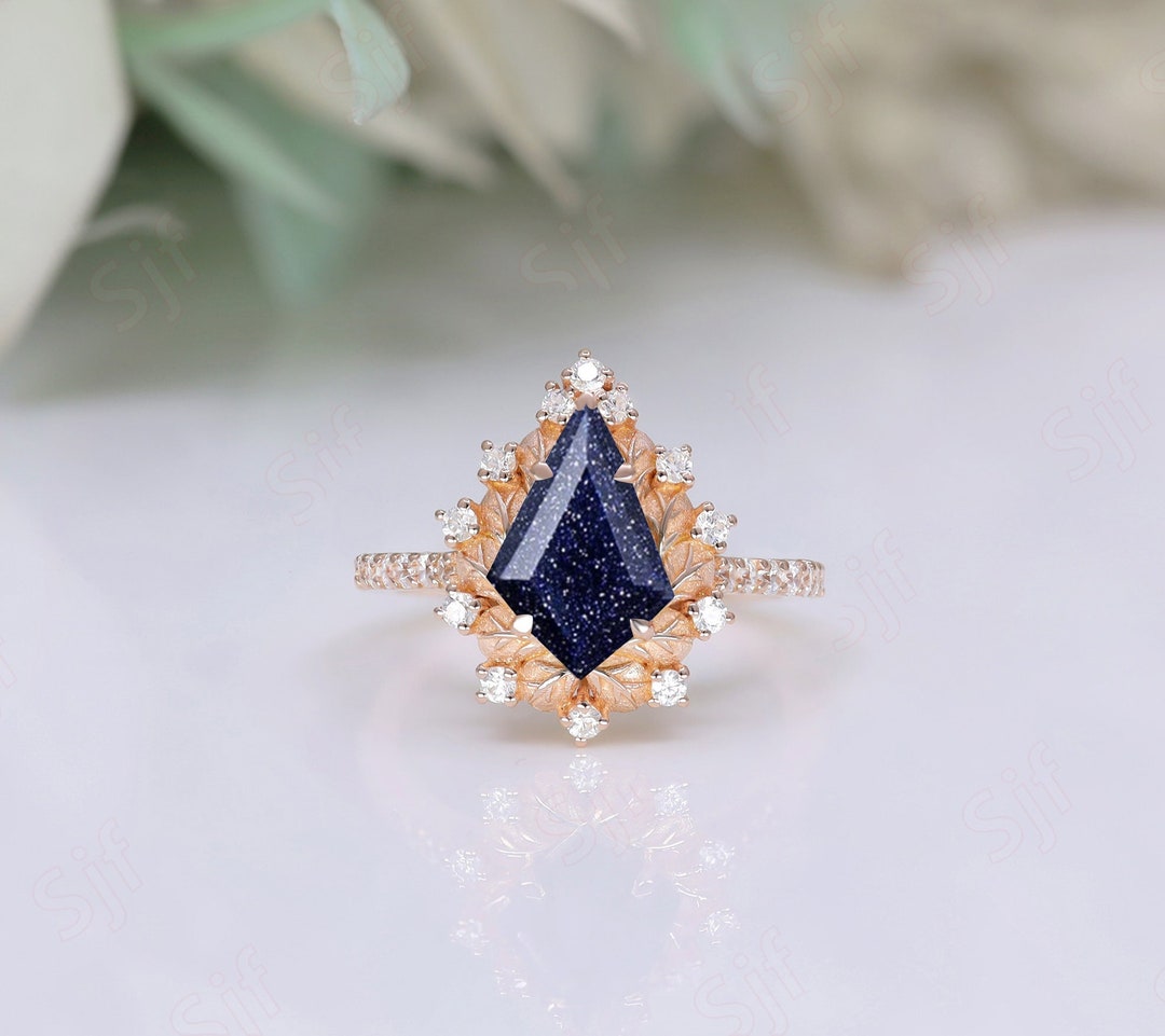 Kite Shape Blue Sandstone Gemstone Wedding Bridal Engagement 14k Rose ...