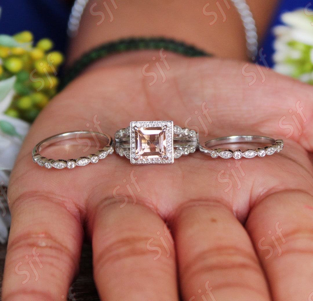 Gorgeous Princess Cut Morganite Wedding Bridal Ring Set, 3pcs Morganite ...
