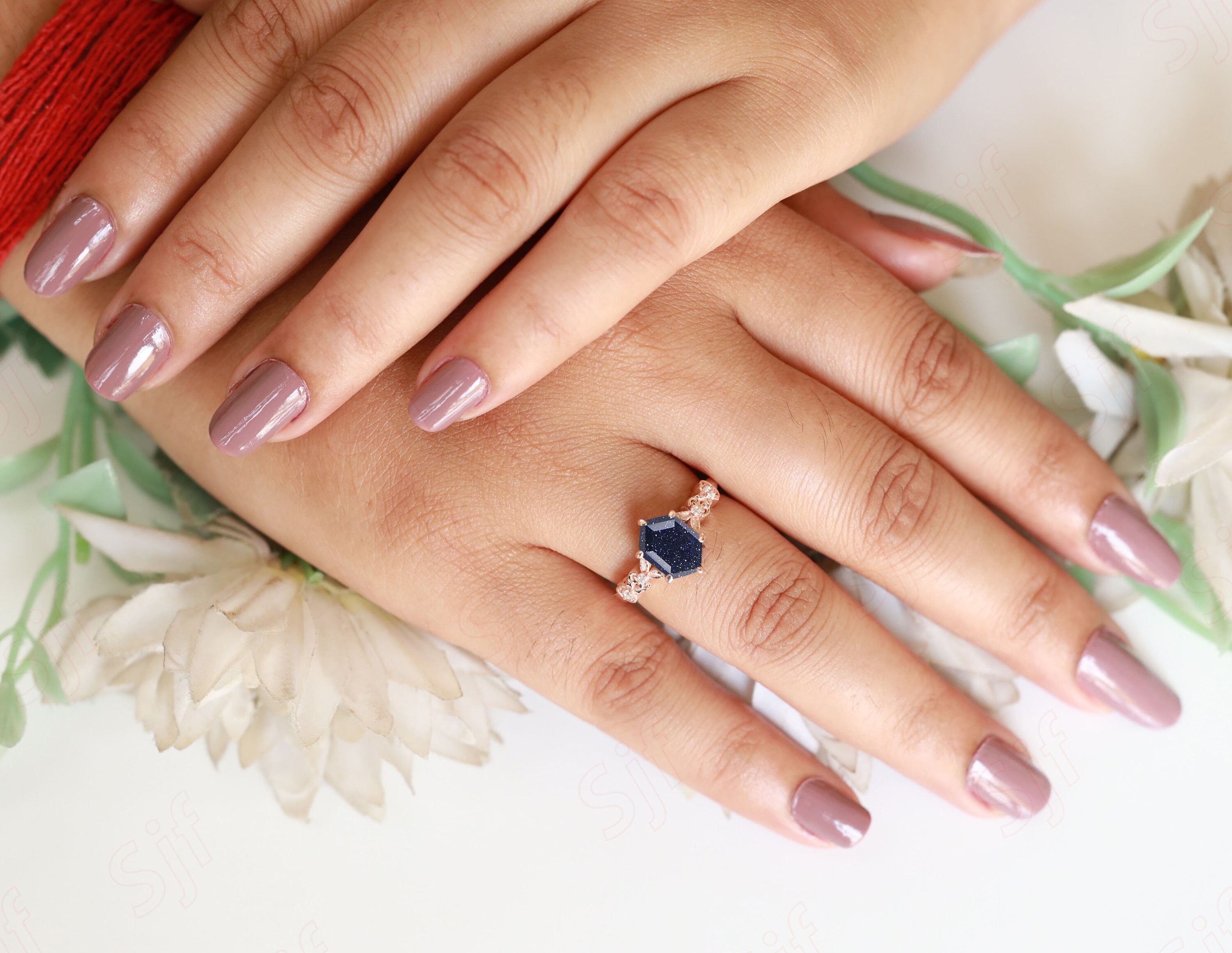 Hexagon Natural Blue Sandstone Wedding Bridal Engagement Ring Unique ...