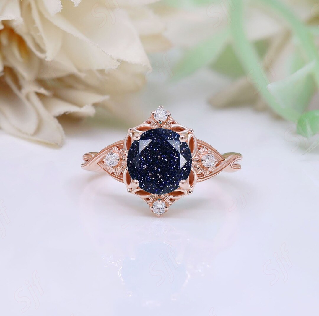 Natural Blue Sandstone Wedding Bridal Engagement Ring 14K Rose Gold ...