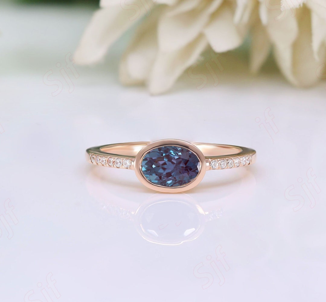 Oval Lab Alexandrite Gold Ring Beautiful Art Deco Bezal Solitaire Women ...