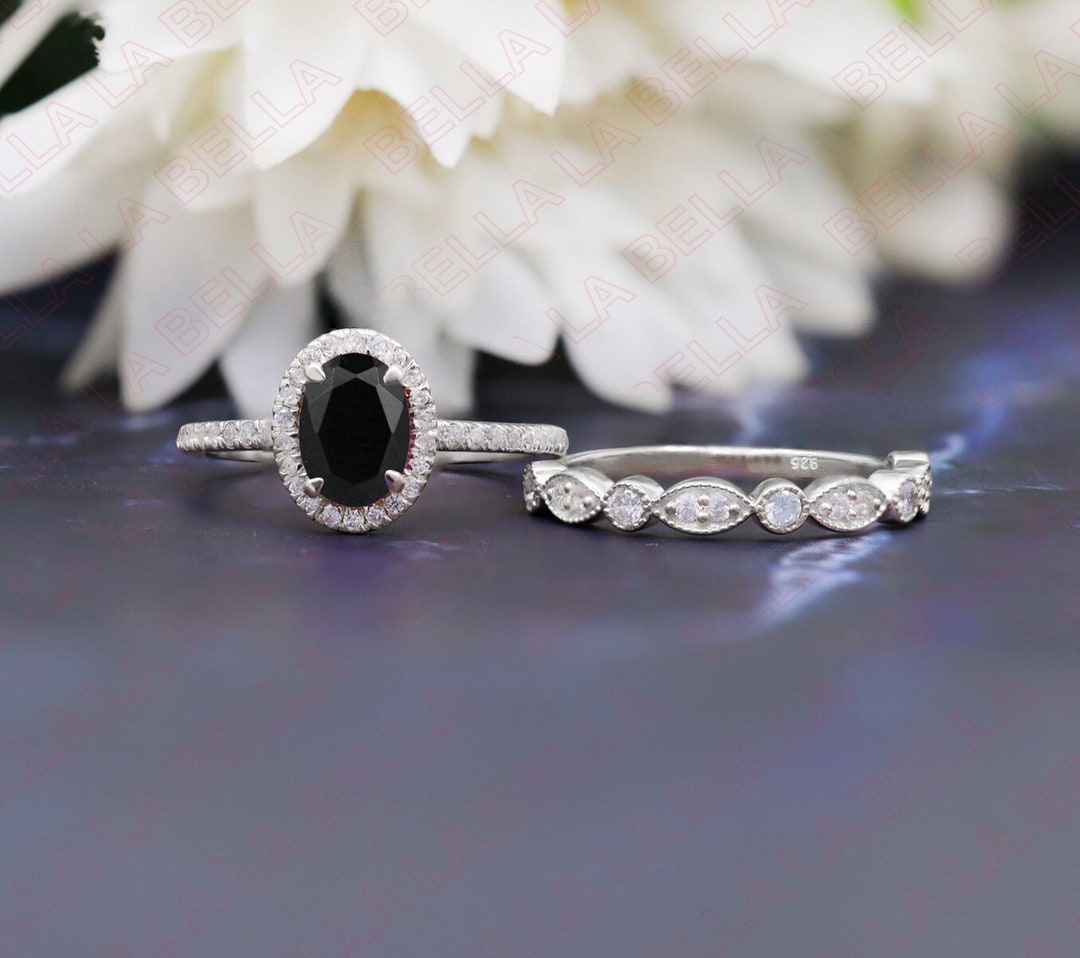 Black Onyx 2pcs Ring Set, Oval Cut Natural Black Onyx Engagement Ring ...