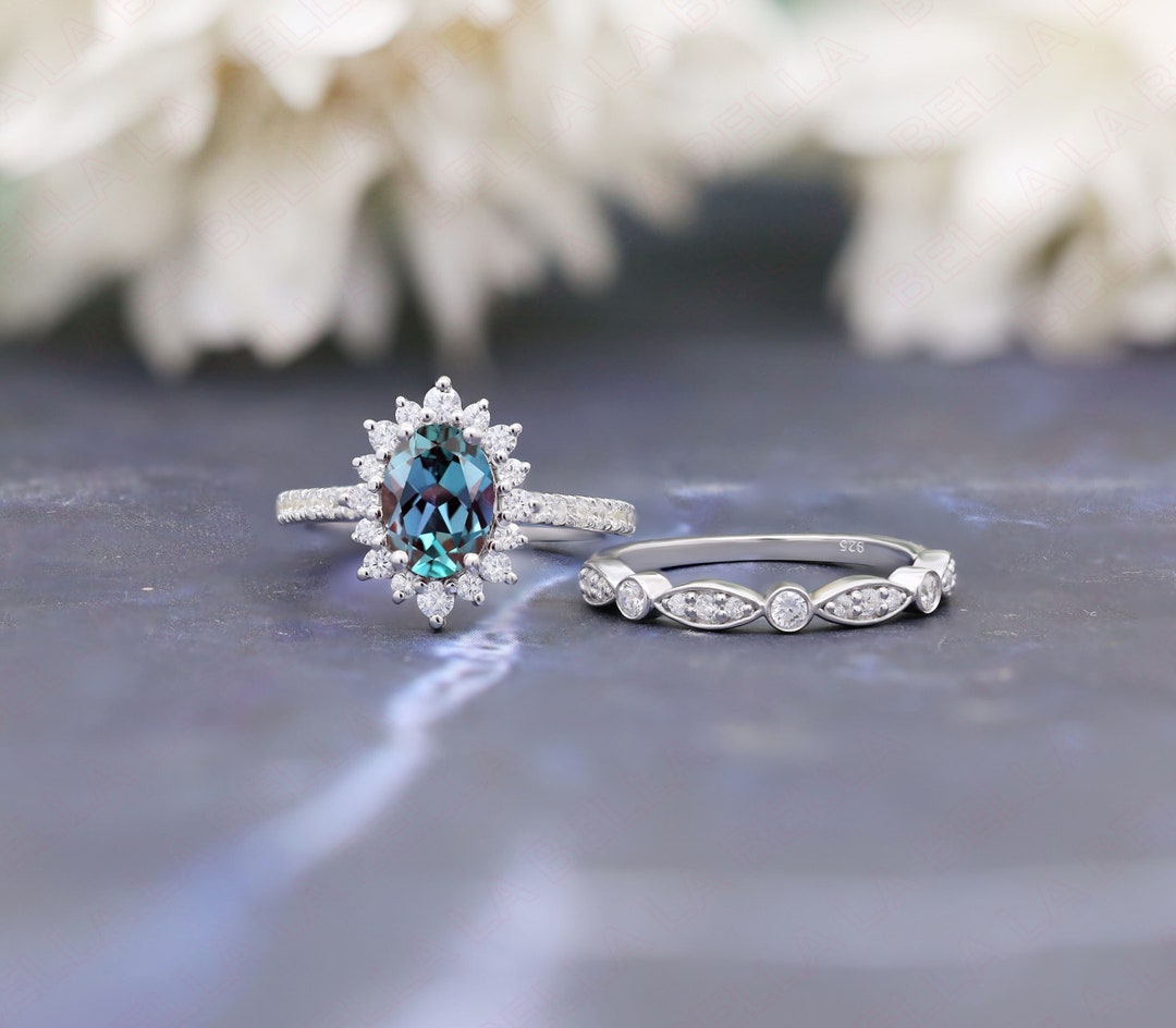 Beautiful Lab Alexandrite Wedding Gold Ring Set,art Deco Delicate ...