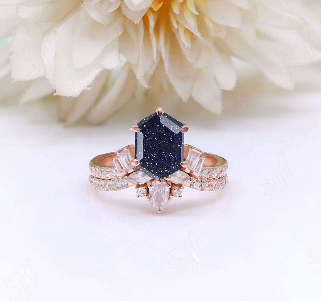 Hexagon Natural Blue Sandstone Gemstone Stacking Wedding Bridal ...