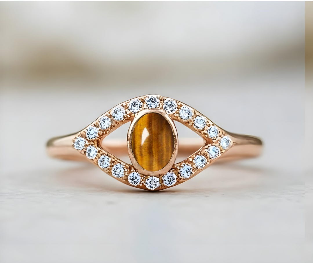 Oval Natural Tiger's Eye Engagement Ring Wedding Ring Bridal Ring 925 ...