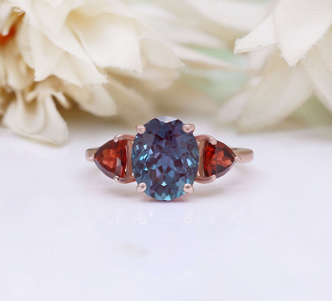Oval Shape Alexandrite Gemstone Anniversary Bridal Ring Unique Garnet ...