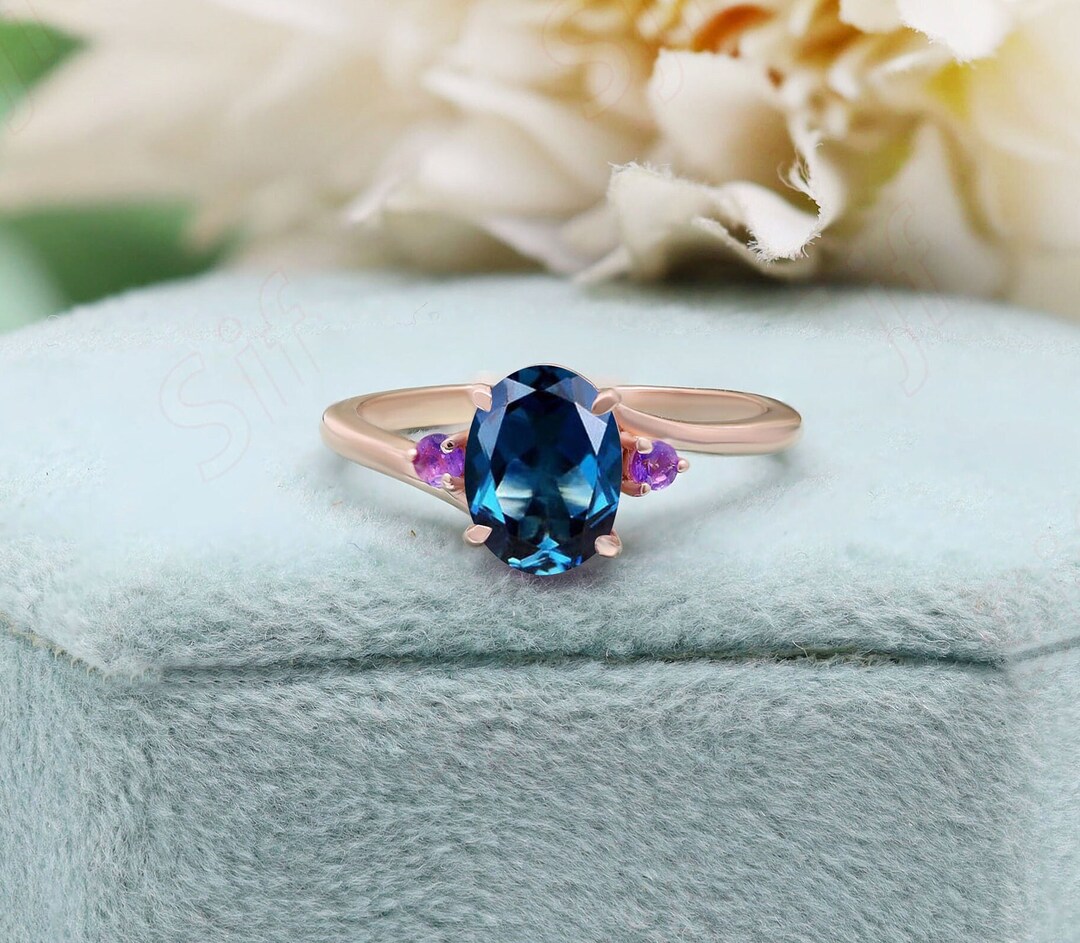 Oval Shape London Blue Topaz Gemstone Ring for Her 14K Rose Gold Plated ...