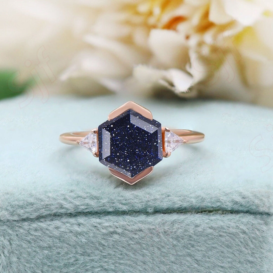 Hexagon Natural Blue Sandstone Wedding Engagement Moissanite Ring for ...