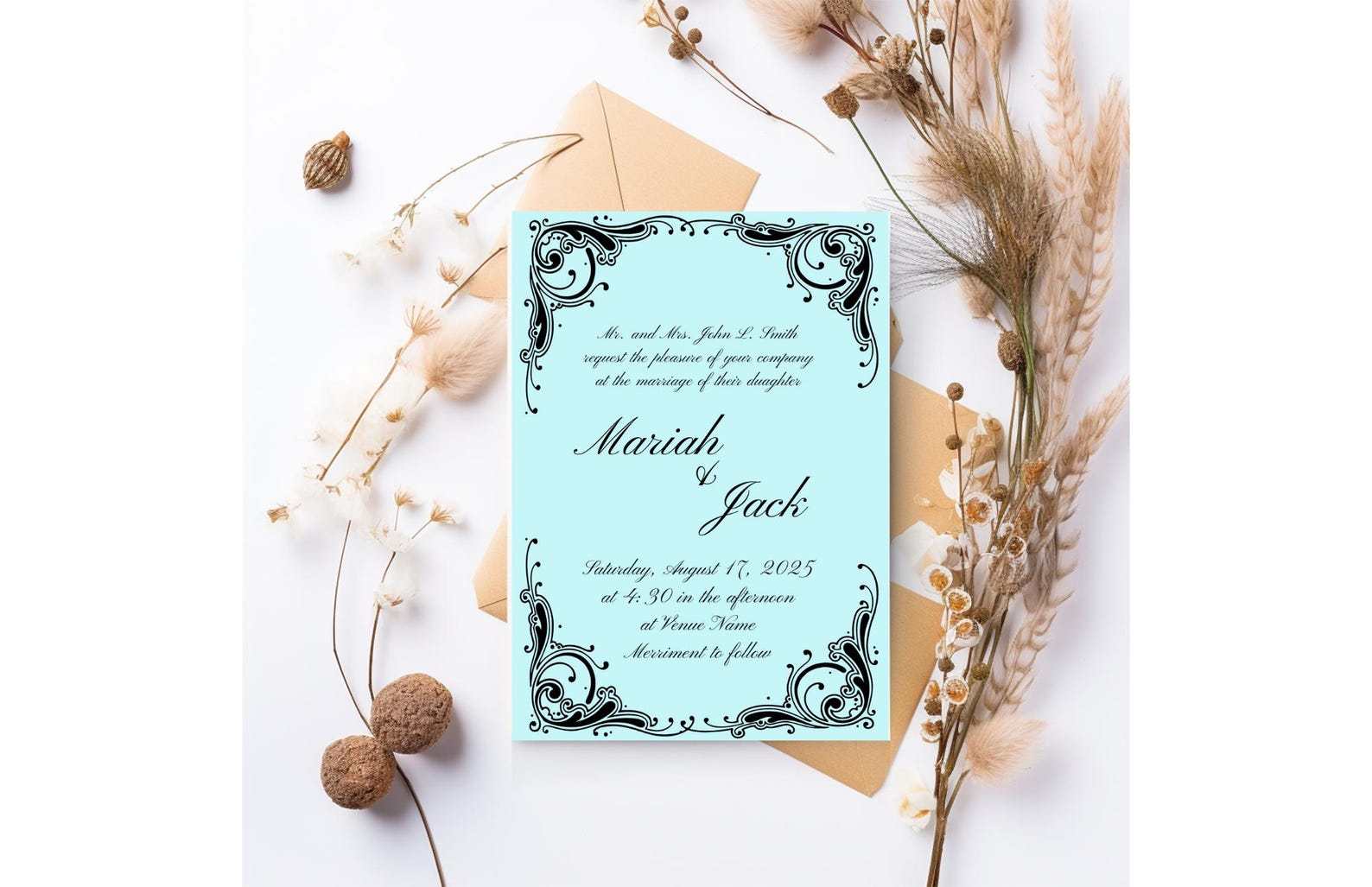 Editable Blue Filigree Wedding Invitation Suite | Canva Template ...