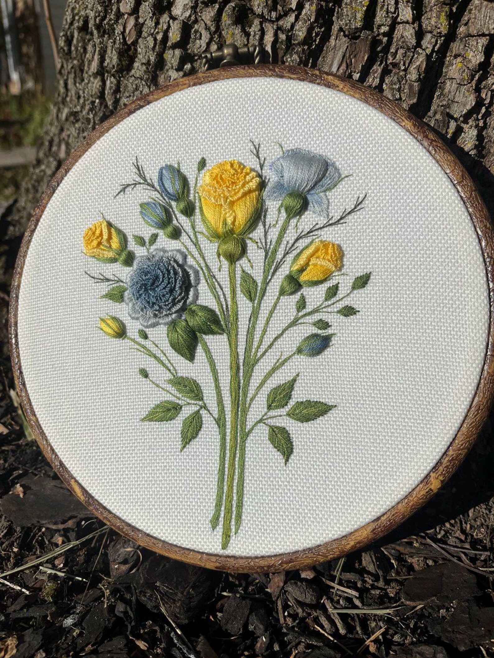 Artistic Floral Harmony Embroidery | Yellow, Blue & Rose Buds ...