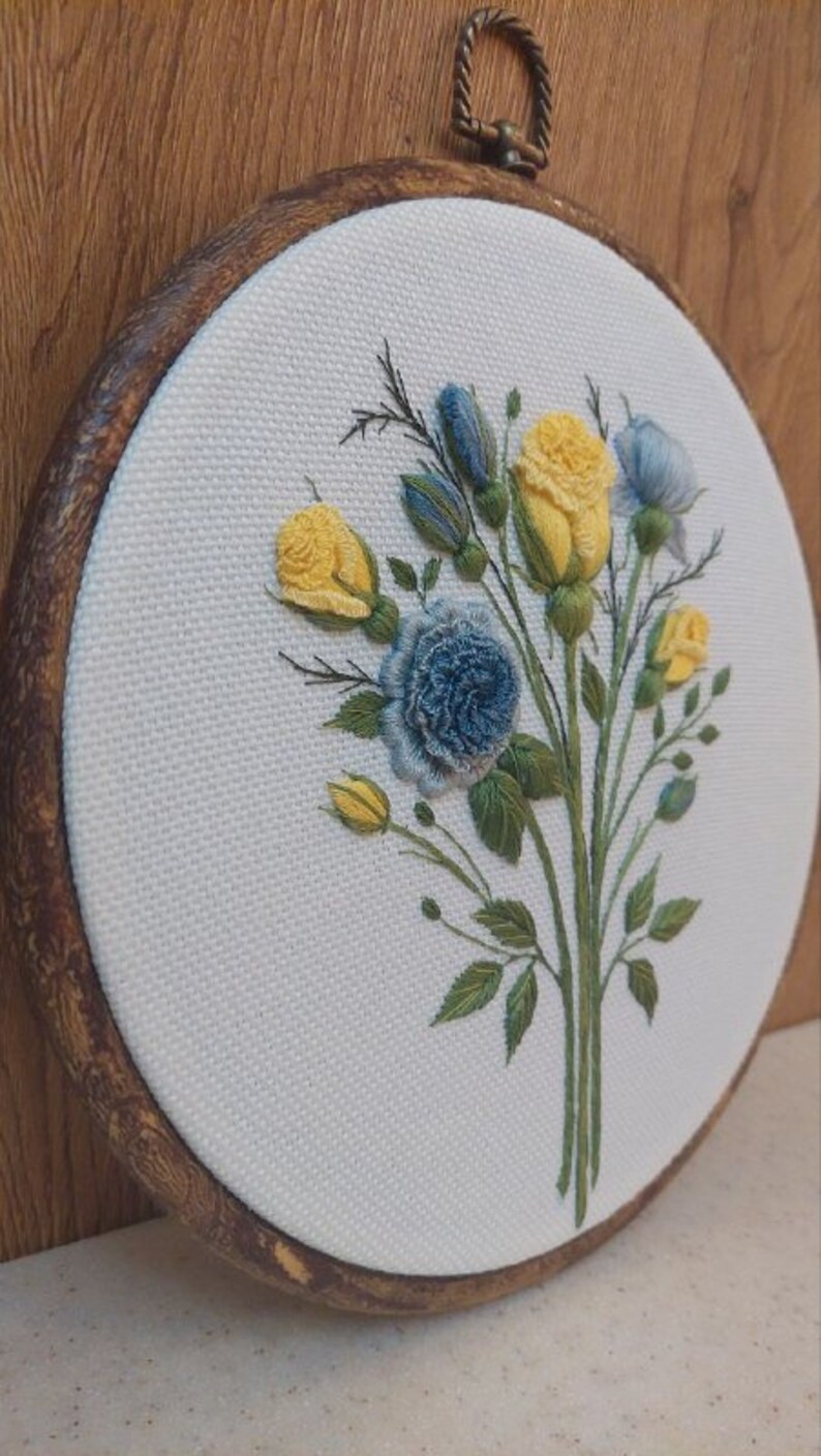 Artistic Floral Harmony Embroidery | Yellow, Blue & Rose Buds ...