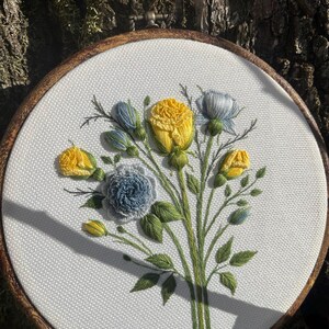 Artistic Floral Harmony Embroidery | Yellow, Blue & Rose Buds ...
