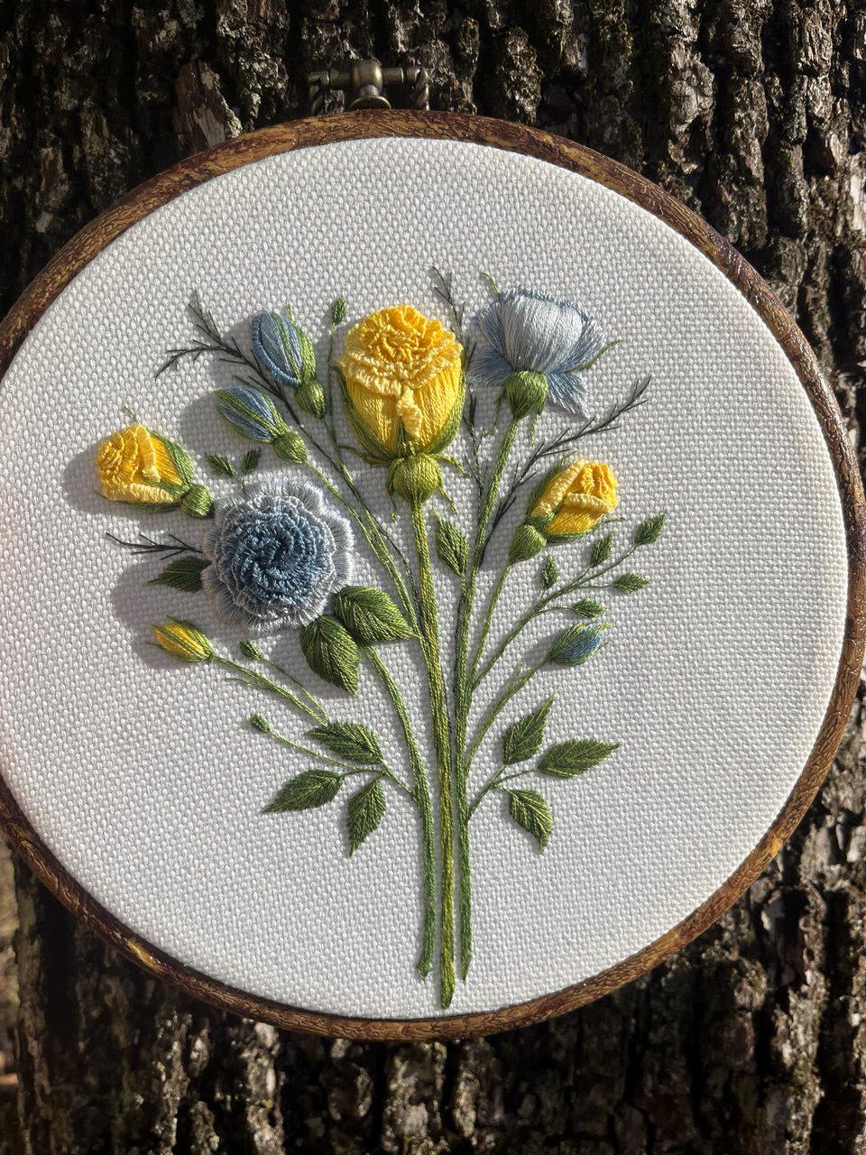 Artistic Floral Harmony Embroidery | Yellow, Blue & Rose Buds ...