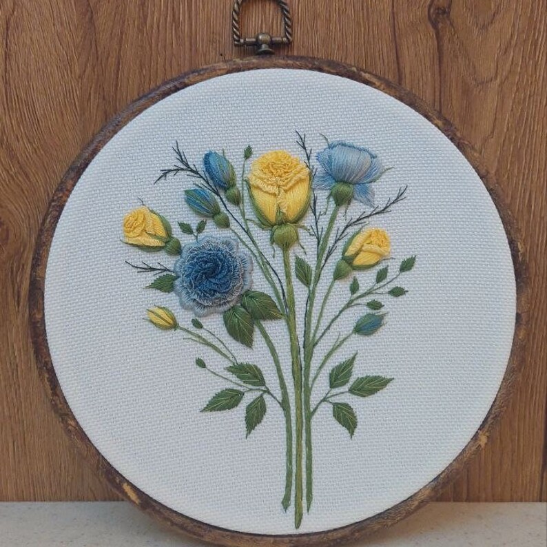 Artistic Floral Harmony Embroidery | Yellow, Blue & Rose Buds ...