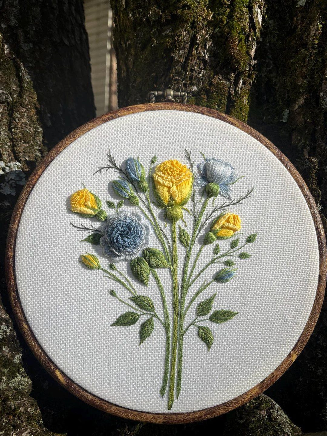 Artistic Floral Harmony Embroidery | Yellow, Blue & Rose Buds ...