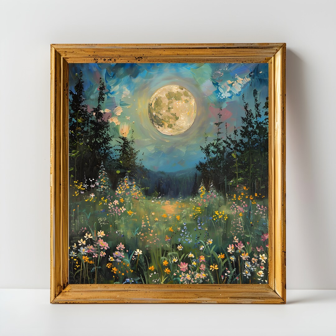 Moon Wildflower Field Wall Art Print for Room Decor, Nature Large ...
