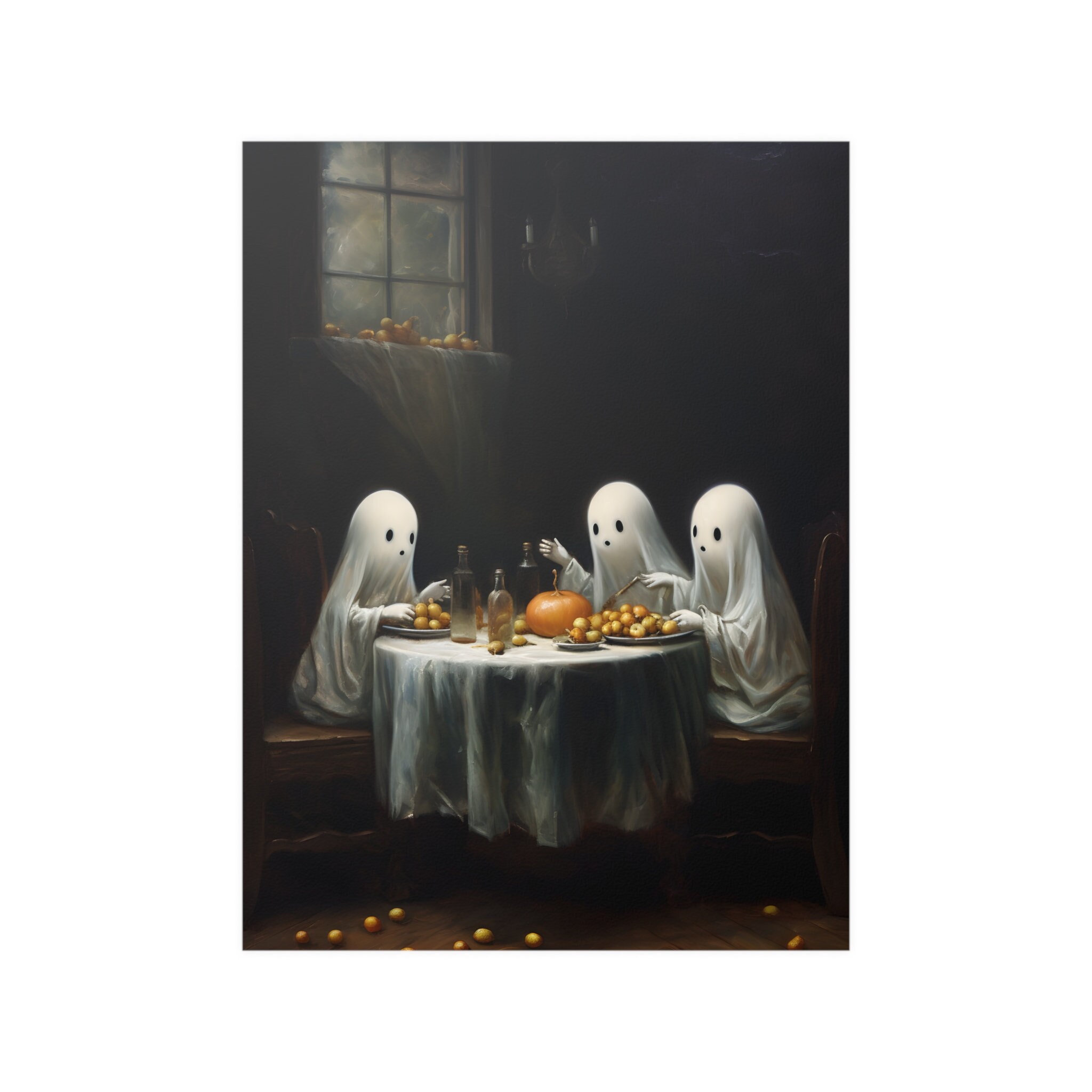 Ghost Eating Dinner Poster, Sheeted Ghost Art Print, Cute Little Ghost ...