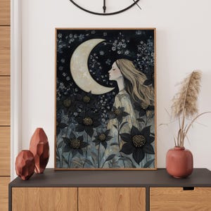 William Morris Inspired Moon Art Print, Moon Eclipse Botanical Dark Cottagecore Decor, Dark ...
