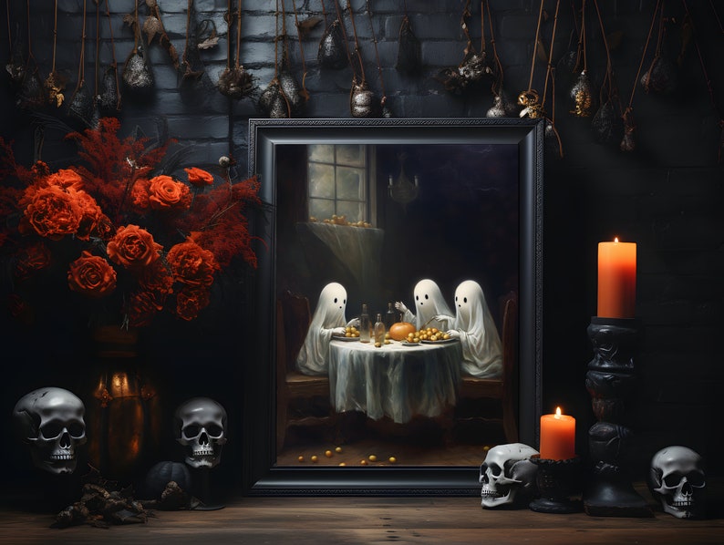 Ghost Eating Dinner Poster, Sheeted Ghost Art Print, Cute Little Ghost ...
