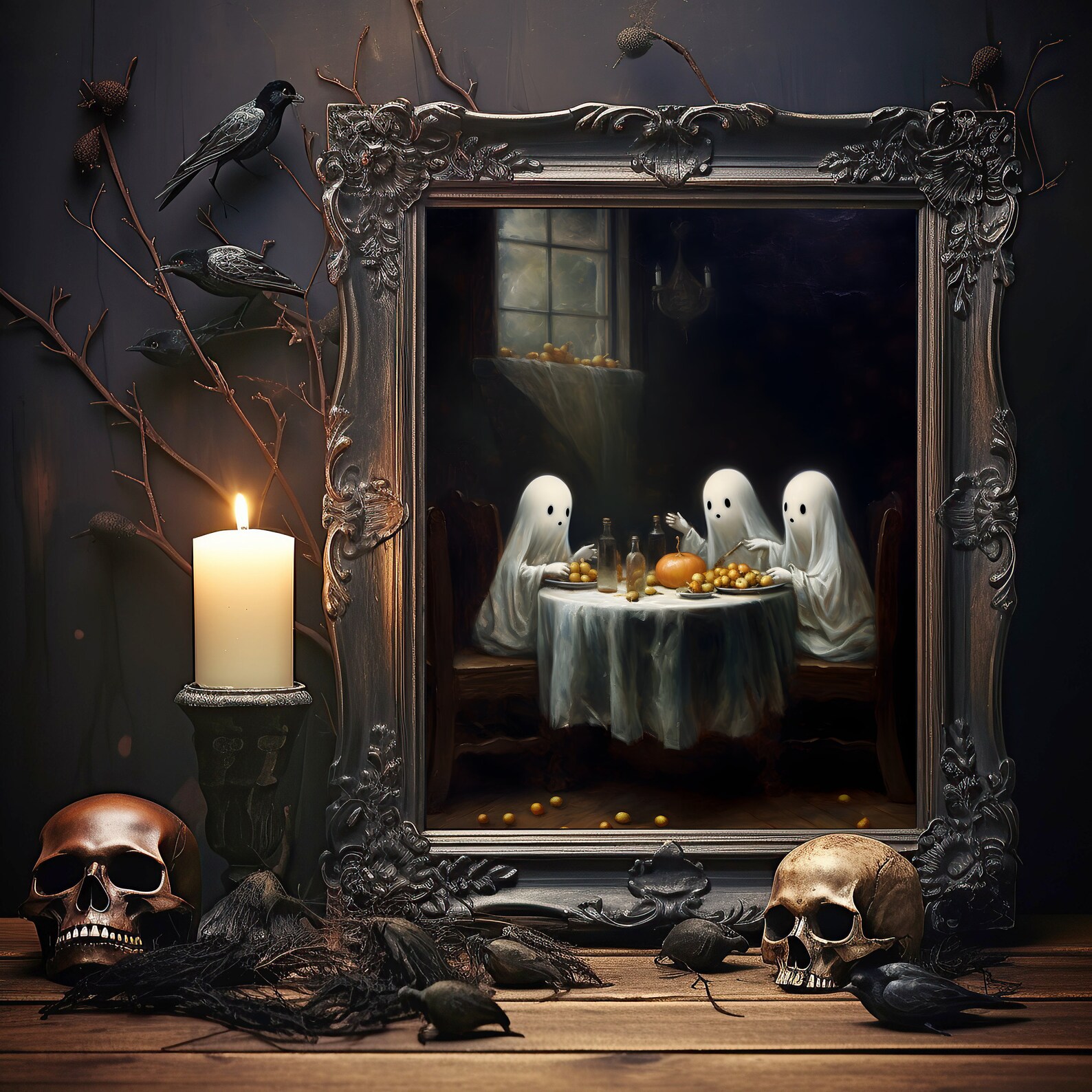 Ghost Eating Dinner Poster, Sheeted Ghost Art Print, Cute Little Ghost ...