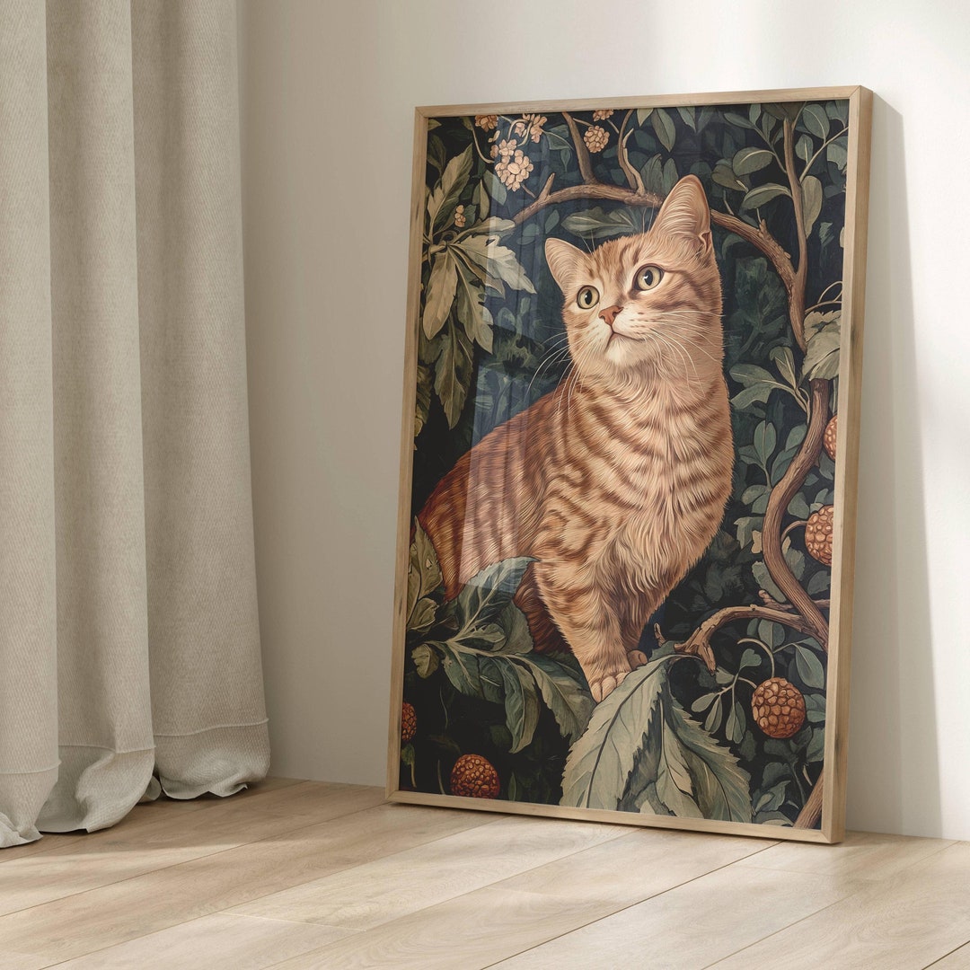 William Morris Inspired Orange Cat Art Print, Cottagecore Decor ...