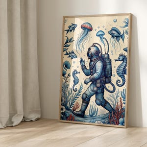Vintage Beach Wall Art, Vintage Scuba Diver Wall Art, Coastal and ...