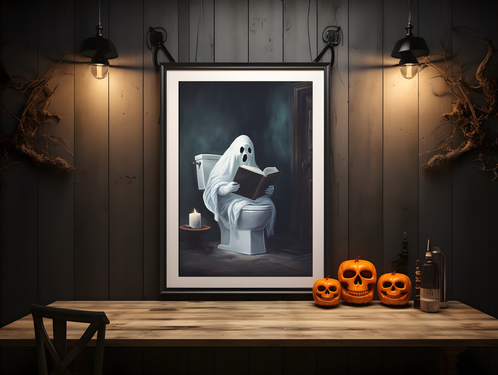 Ghost Sitting on Toilet Poster, Sheeted Ghost Art Print, Cute Little ...