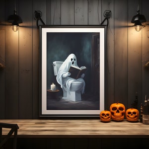 Ghost Sitting on Toilet Poster, Sheeted Ghost Art Print, Cute Little ...