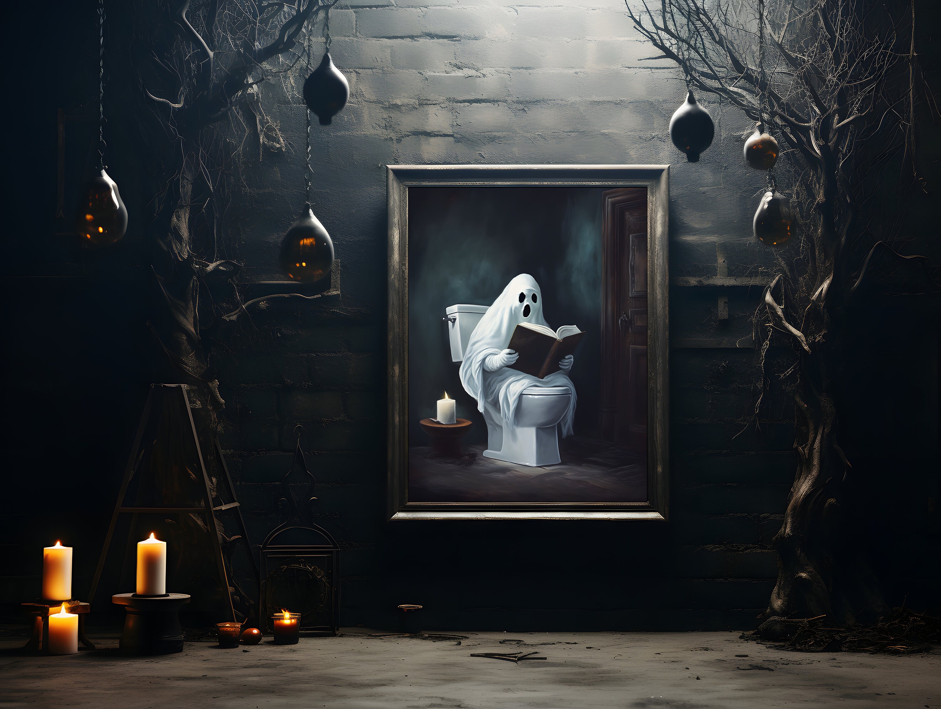 Ghost Sitting on Toilet Poster, Sheeted Ghost Art Print, Cute Little ...