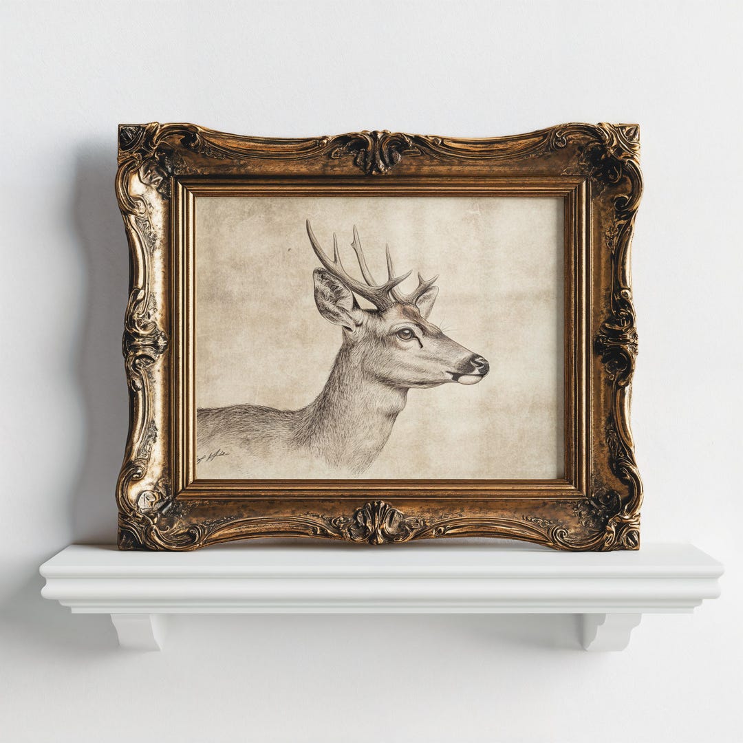 Vintage Deer Sketch Print, Farmhouse Decor, Deer Wall Art, Antique Deer ...