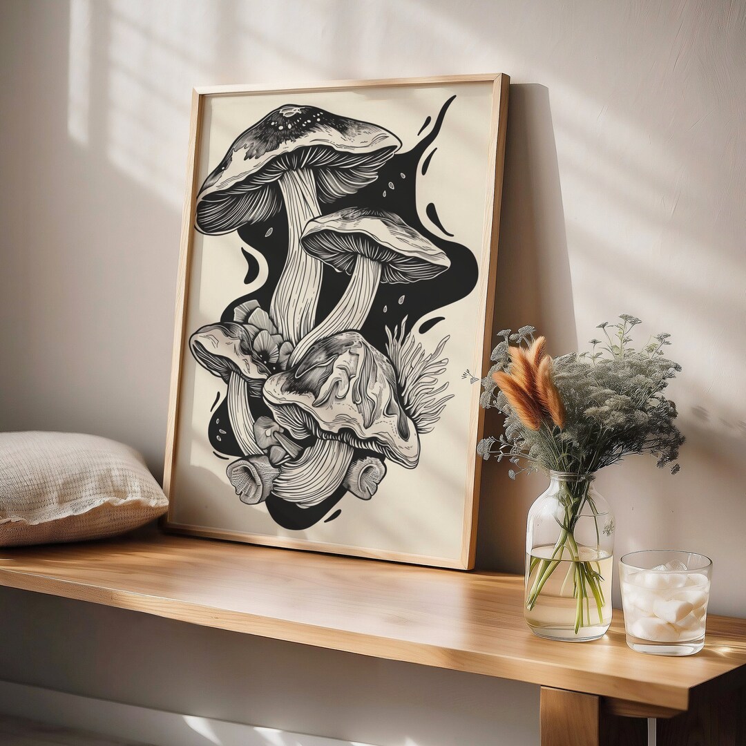 Fantasy Cottagecore Decor Creepy Mushroom Line Art for Cottagecore ...