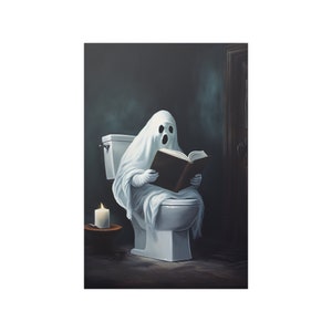 Ghost Sitting on Toilet Poster, Sheeted Ghost Art Print, Cute Little ...