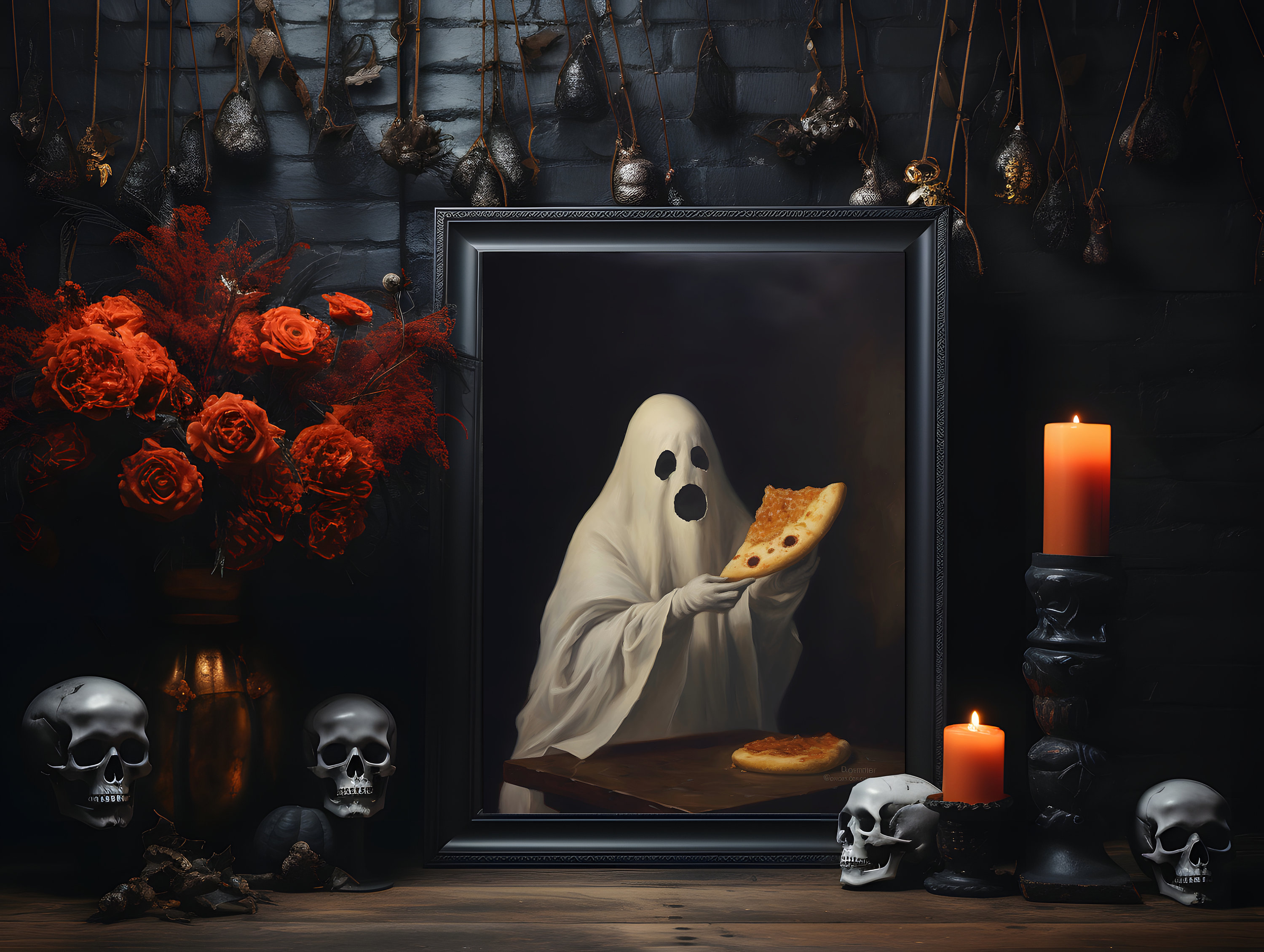 Dark Academia Print, Ghost Eating Pizza, Moody Victorian Wall Art, Dark ...