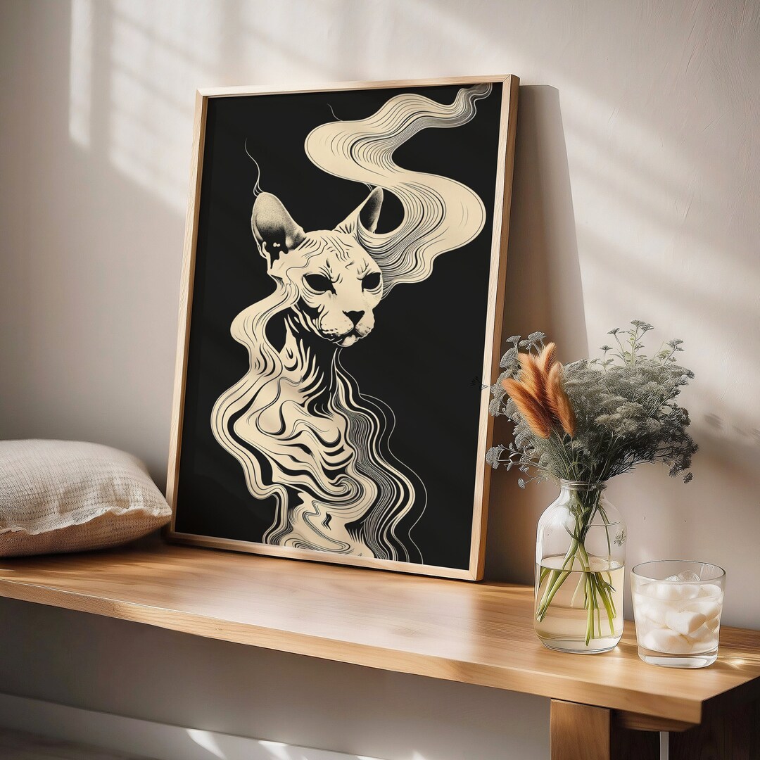 Black Cat Fantasy Cottagecore Decor Creepy Sphynx Cat Line Art for ...