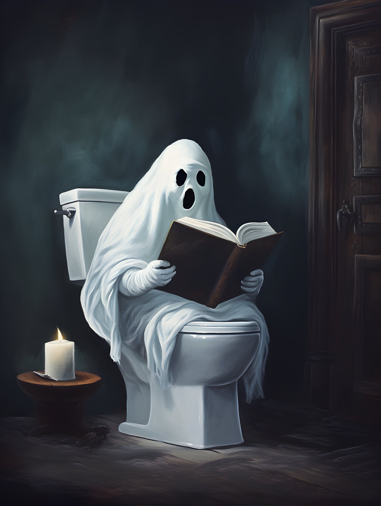 Ghost Sitting on Toilet Poster, Sheeted Ghost Art Print, Cute Little ...