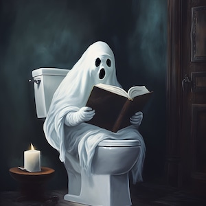 Ghost Sitting on Toilet Poster, Sheeted Ghost Art Print, Cute Little ...