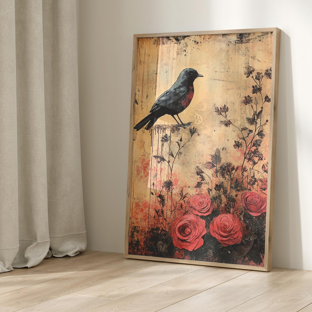 William Morris Inspired Raven & Flowers Art Print, Cottagecore Decor ...