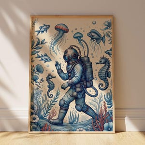 Vintage Beach Wall Art, Vintage Scuba Diver Wall Art, Coastal and ...