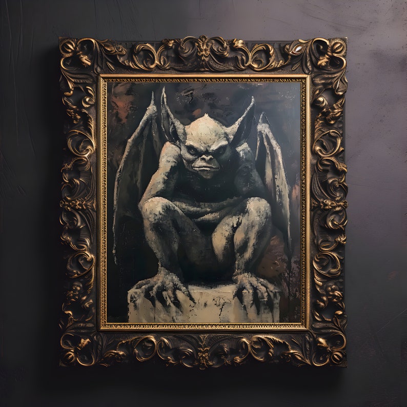 Gargoyle Oil Painting, Gothic Decor, Moody and Dark Decor, Dark ...