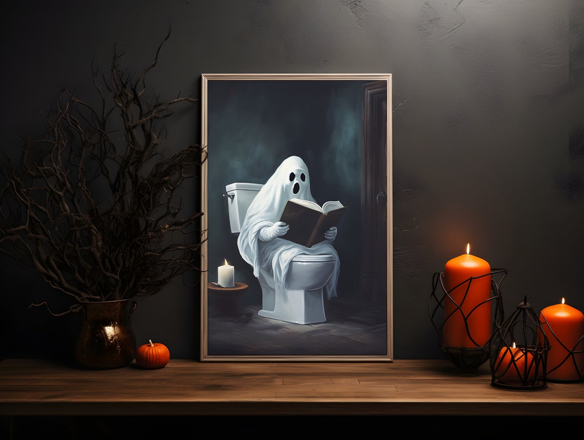 Ghost Sitting on Toilet Poster, Sheeted Ghost Art Print, Cute Little ...