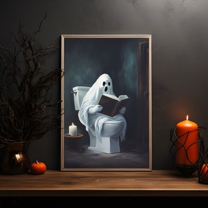 Ghost Sitting on Toilet Poster, Sheeted Ghost Art Print, Cute Little ...