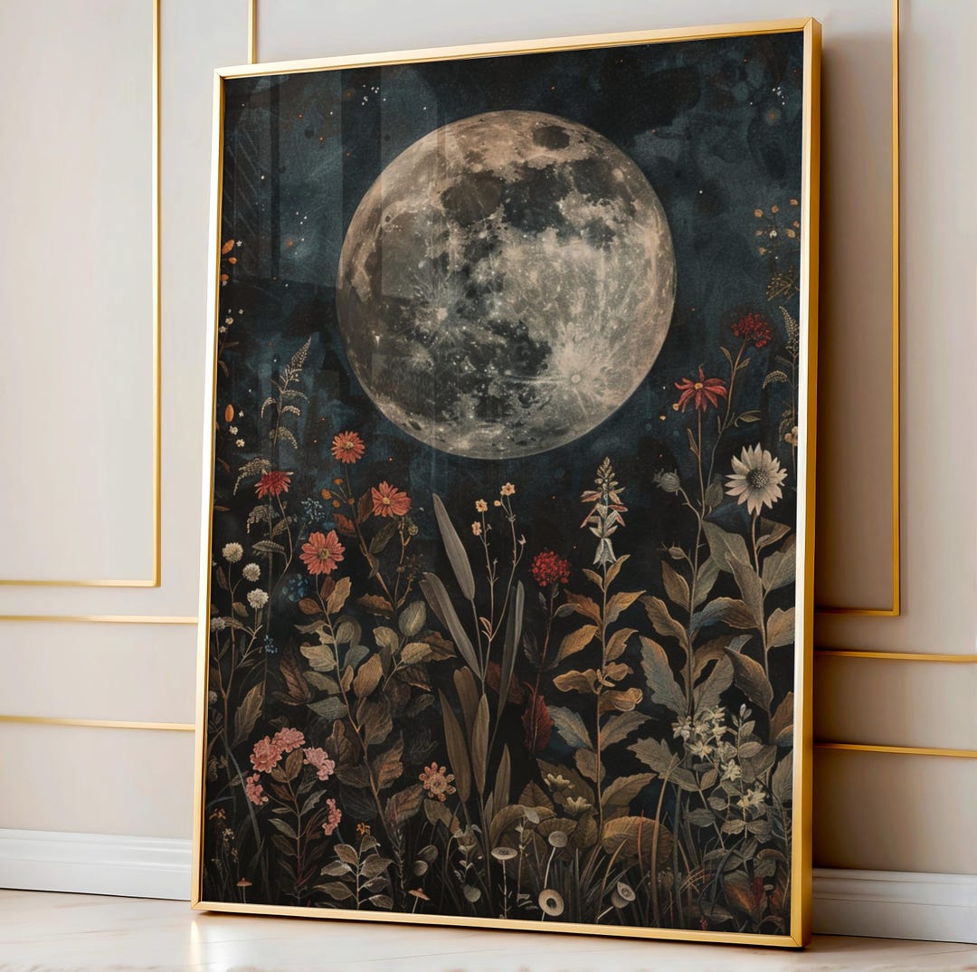 William Morris Inspired Art Print, Moon Eclipse Botanical Dark Cottagecore Decor, Dark Academia ...