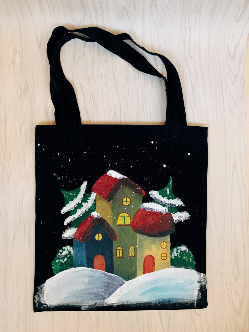 Snowy Village Elegance: Custom Black Shopper With Hand-drawn Winter ...