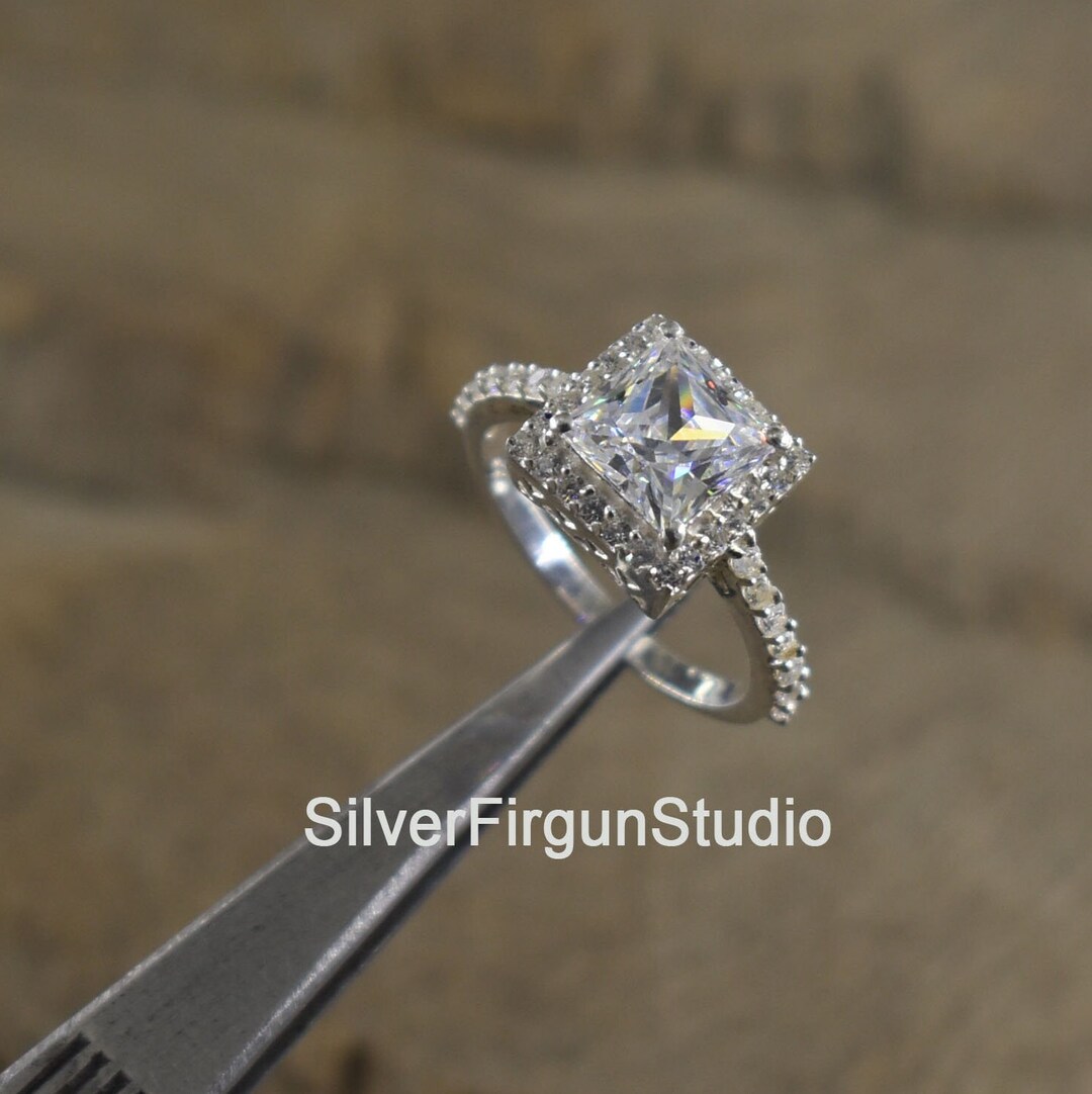 Square Cut Solitaire Ring Silver, Square Engagement Ring, Silver ...