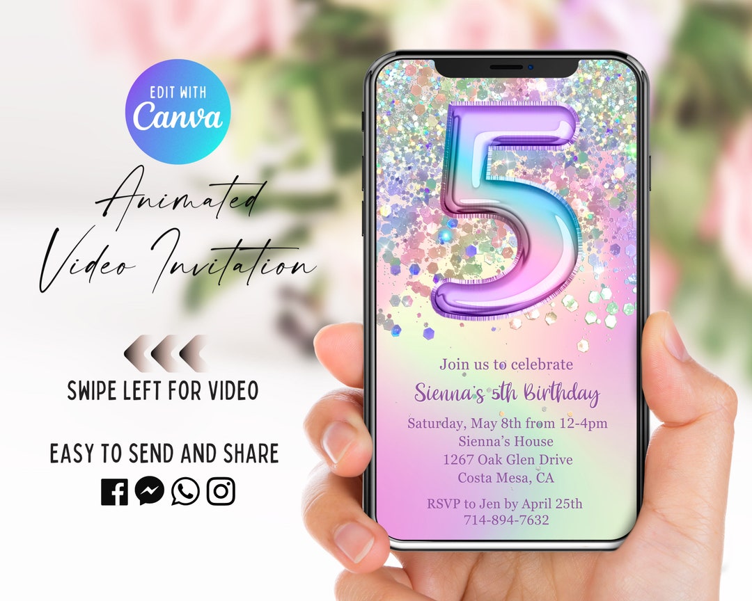 Rainbow Sparkle 5th Birthday Video Invitation, Animated Invite, Foil ...
