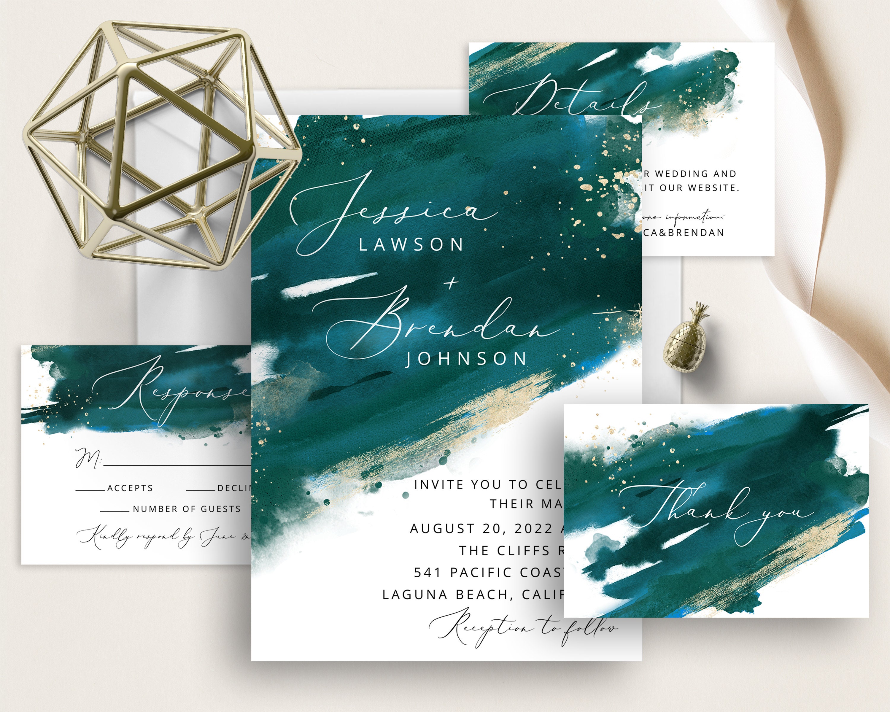 Teal Blue Wedding Invite Set, Teal and Gold Watercolor Splash, Paint ...