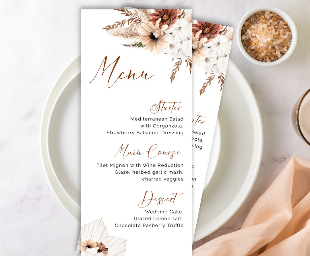 Boho Floral Menu, Dinner Lunch Brunch Menu, Pampas Grass, Burnt Orange ...